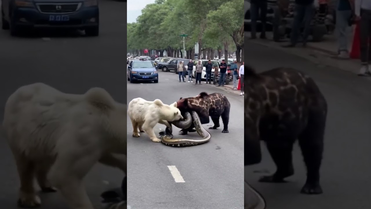 Polar bear and hyena are fighting with python #animals # polarbear