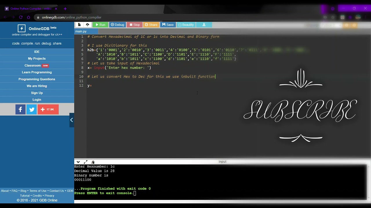 Convert Hexadecimal to Binary and Decimal using Dictionary || Python.org