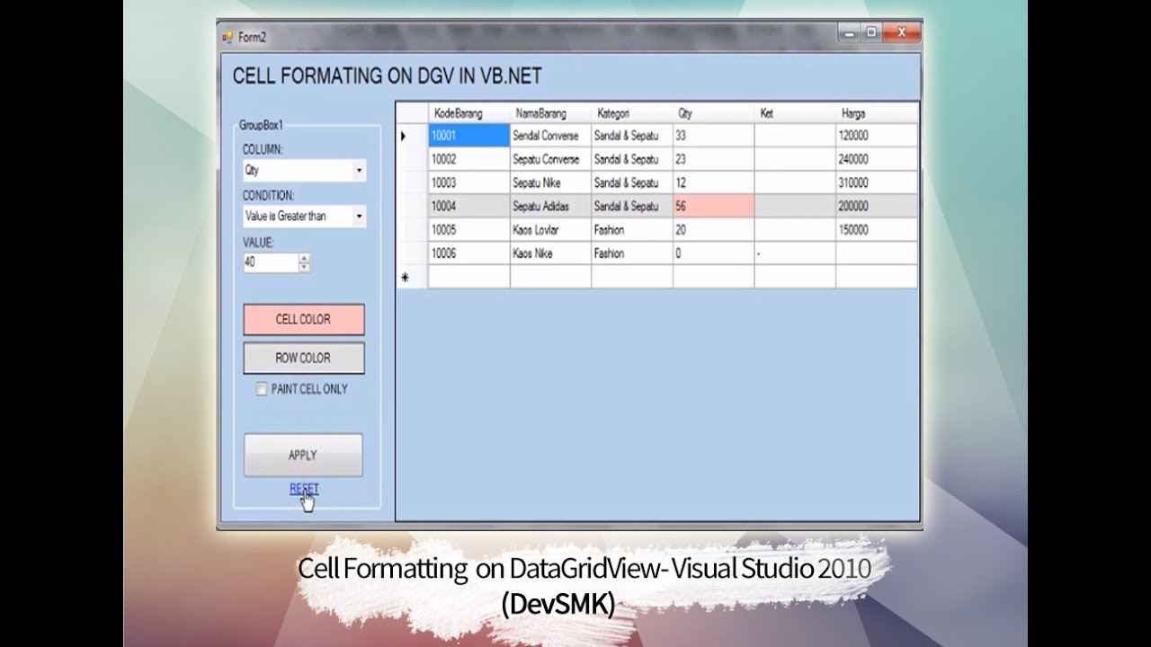 SIMPLE WAY, Cell Formatting on DataGridView (VB.Net) - Visual Studio 2010