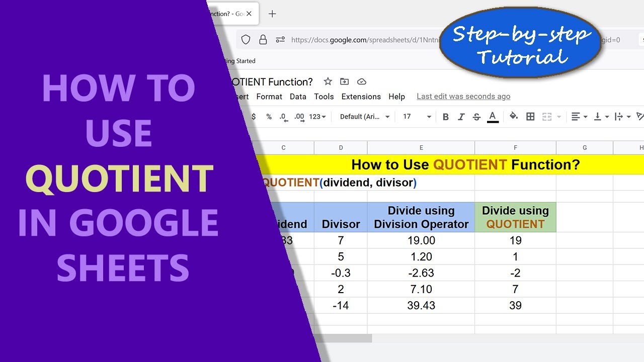 Google Sheets | QUOTIENT | Function | Example | Spreadsheet | Step-by-Step Tutorial