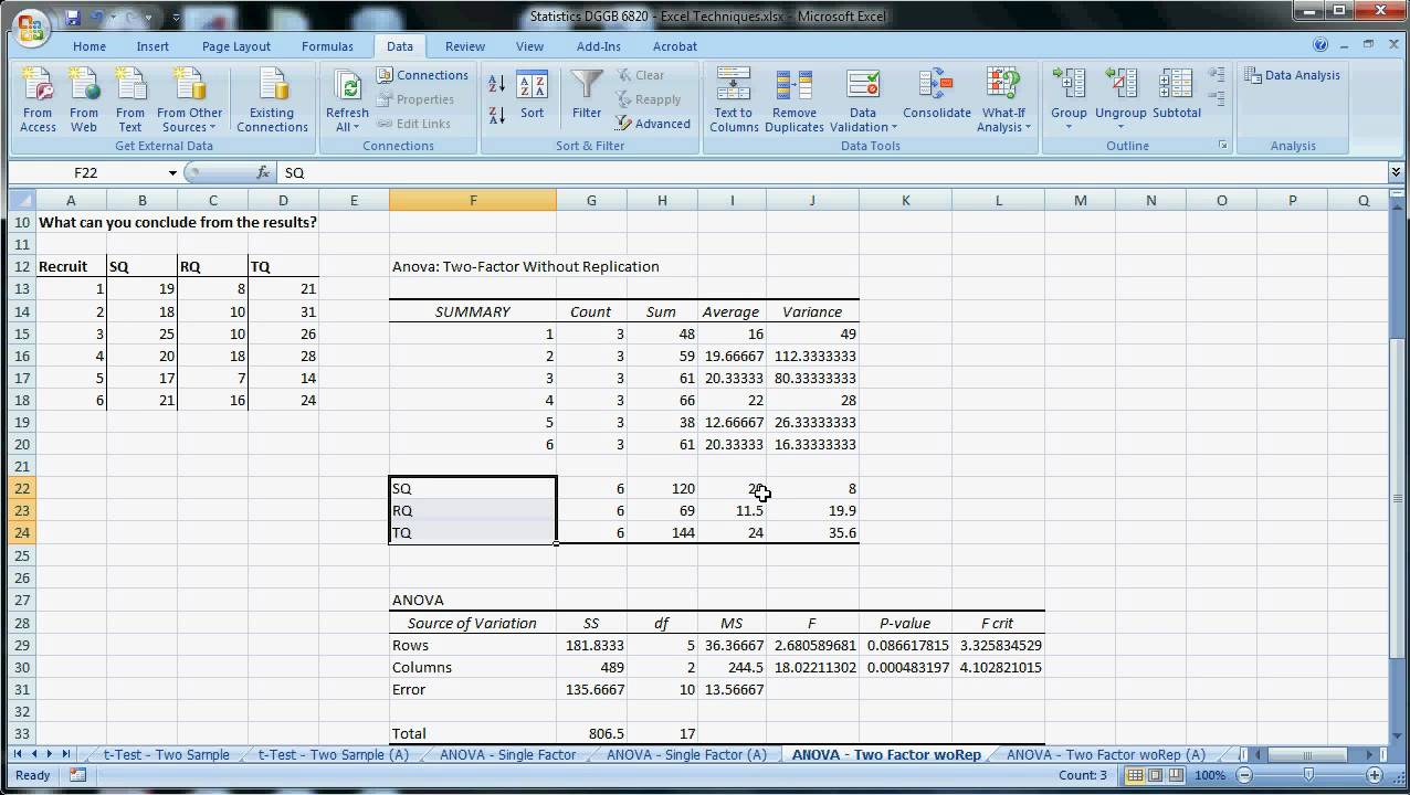 Excel Techniques - 11 - ANOVA - Two Factor without Replication.avi