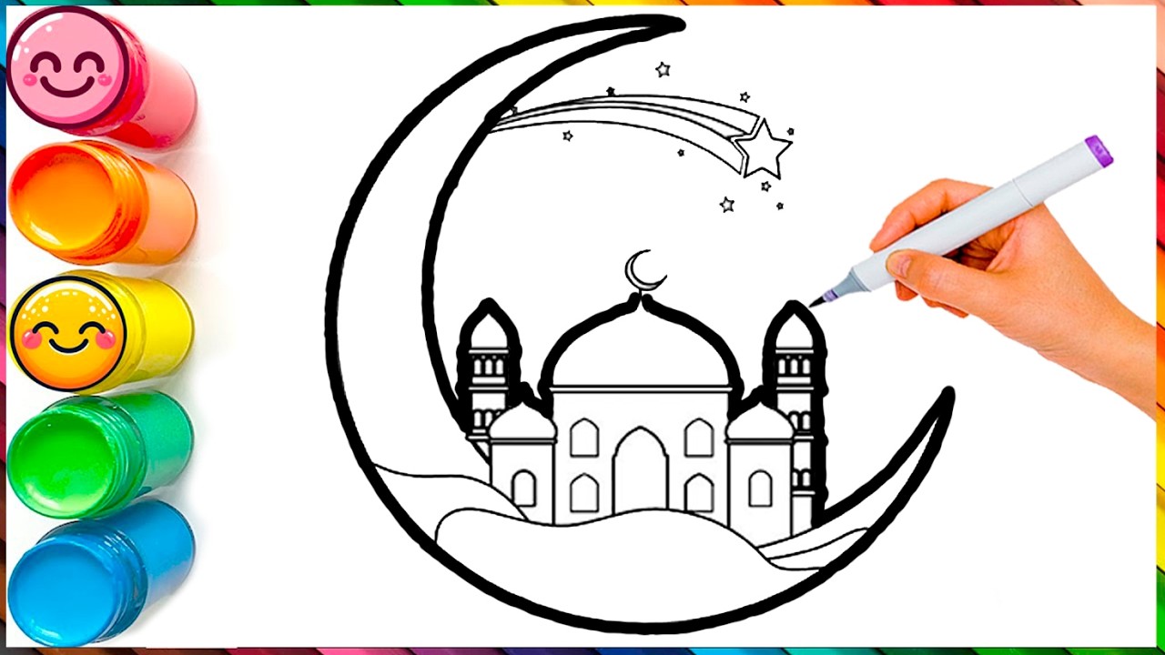 Mosque Coloring Pages with Moon | How to Draw and Color Islamic Art for Kids