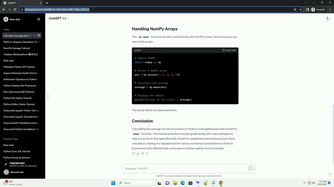 average of a list python numpy