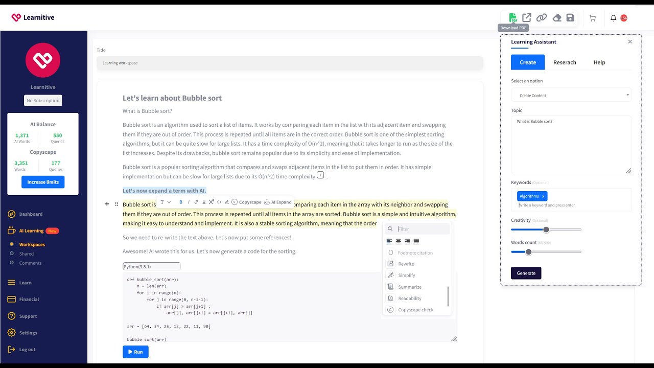 Create and Learn with Learnitive AI: An Advanced AI-based Writer for Interactive Learning & Content