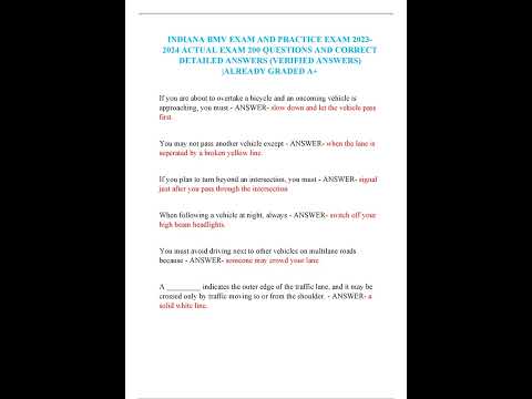 INDIANA BMV EXAM AND PRACTICE EXAM ACTUAL EXAM 200 QUESTIONS AND CORRECT DETAILED ANSWERS VERIFIED A
