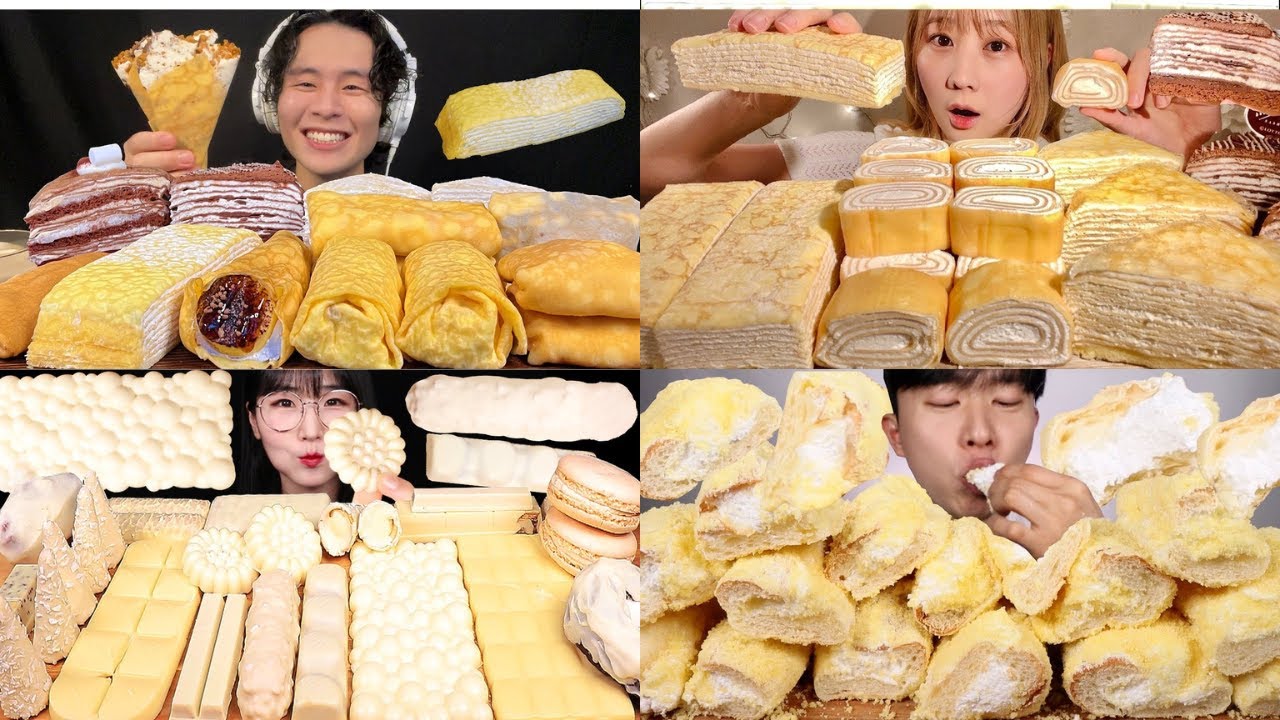 🤍ASMR WHITE CHOCOLATE DESSERT MUKBANG 😍| Whipped Cream Bread, Crepe Cake & Eating Sounds