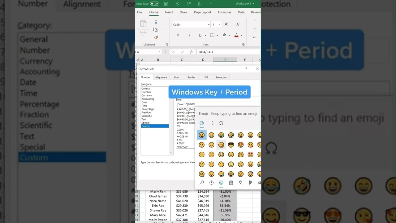 Add emojis to custom formats using the windows key + period key 😳