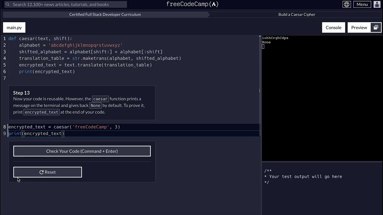 FreeCodeCamp - Python Project - Step 13 of 25 - Caesar Cipher