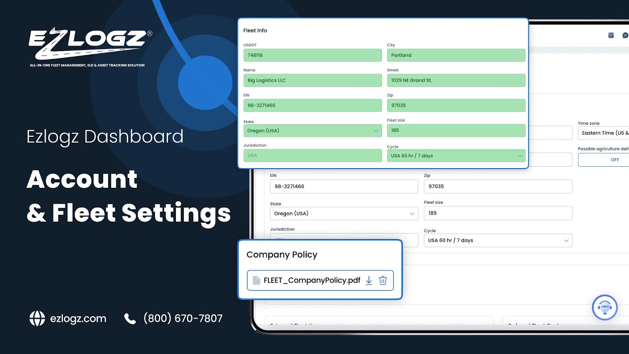 EZLOGZ DASHBOARD: ACCOUNT & FLEET SETTINGS
