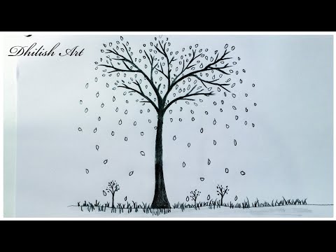 How to Draw Tree with Falling Leaves | Simple Leaves Falling Tree Drawing | Dhilish Art - 56A