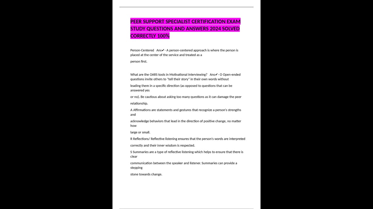 PEER SUPPORT SPECIALIST CERTIFICATION EXAM STUDY QUESTIONS AND ANSWERS 2025 SOLVED CORRECTLY 100%