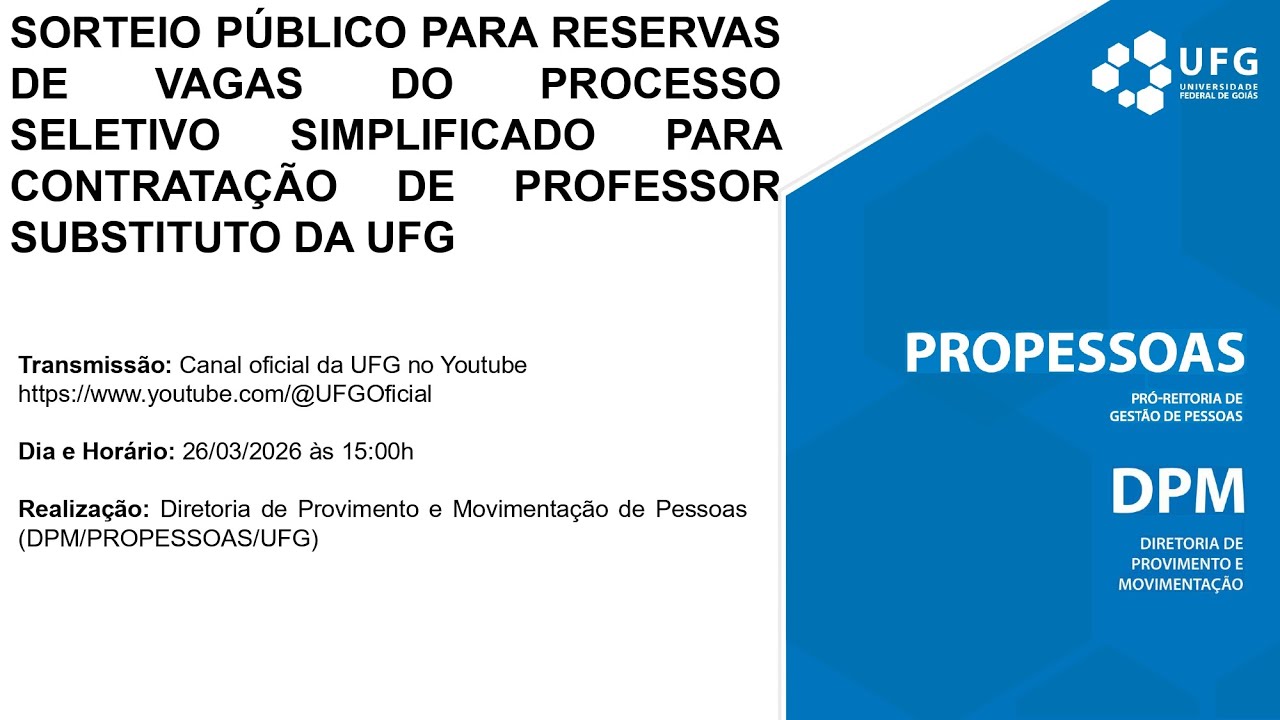 Sorteio público para reserva de vagas do Processo Seletivo para Professor Substituto da UFG