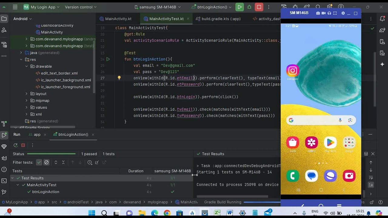 UI test cases using Espresso & Junit.