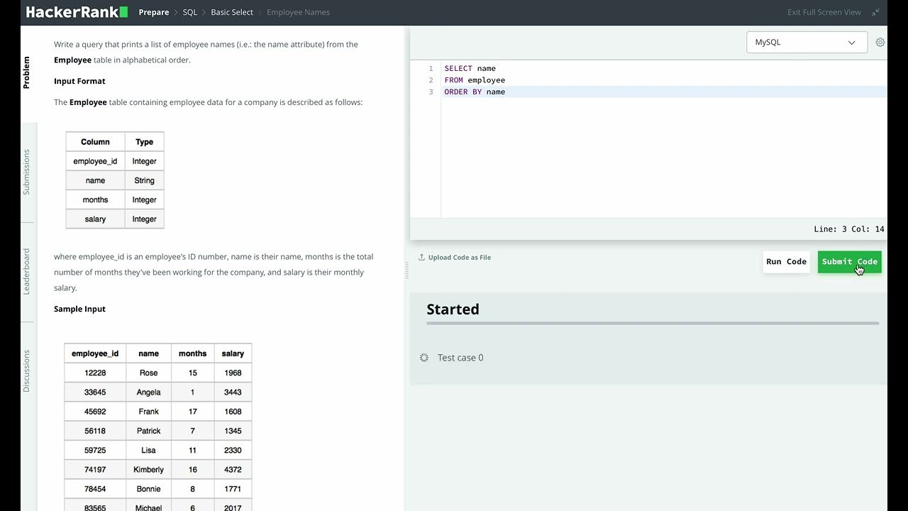 Hackerrank SQL Solution #18 Basic SQL - Employee Names