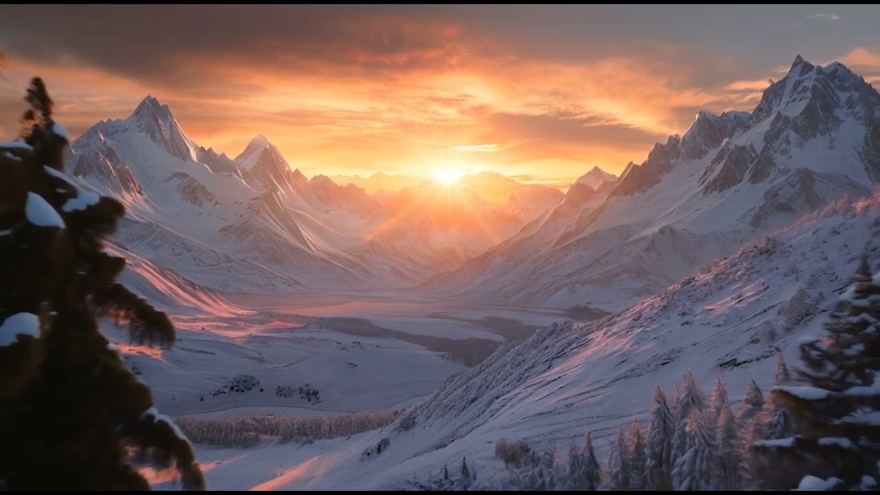 AI generated landscape, snowy mountains at sunset