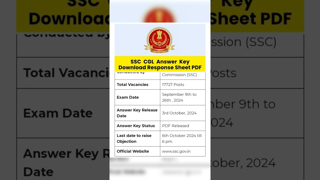 SSC CGL Answer Key 2024 PDF – Tier 1 Response Sheet Download #ssccgl #sscexam #ssc #cgl #ssccglexam