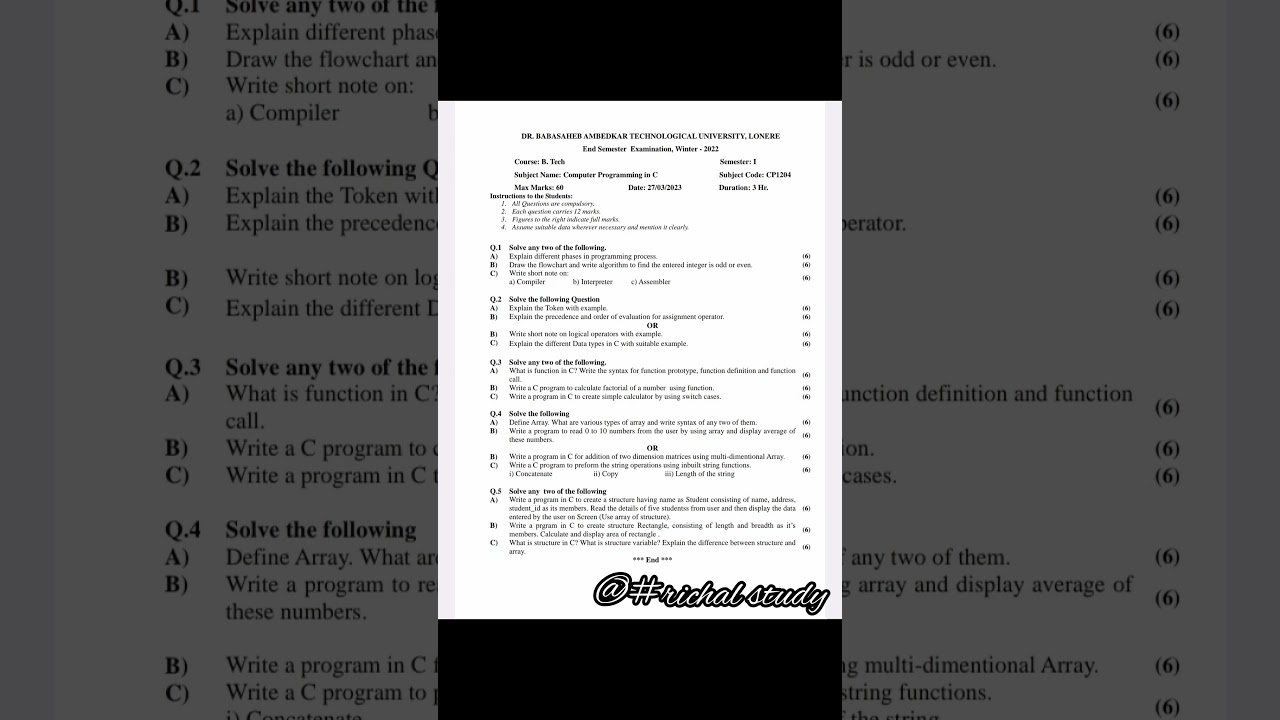 Exam question paper | C Programming Language questions paper | dbatu university | #dbatu university