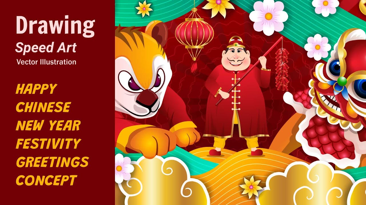 Happy Chinese New Year Festivity Greetings Concept - Speed Art Drawing vector illustration