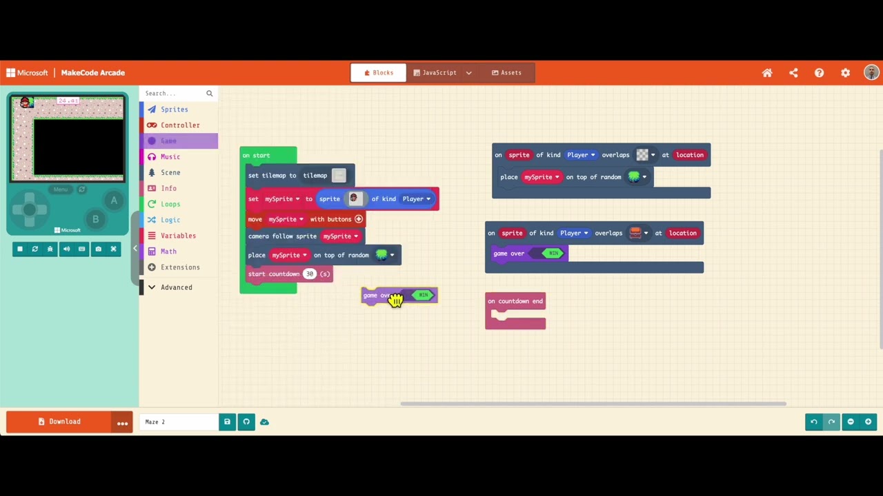 MakeCode Arcade: Tilemap Game - Part 3 (end point & countdown)