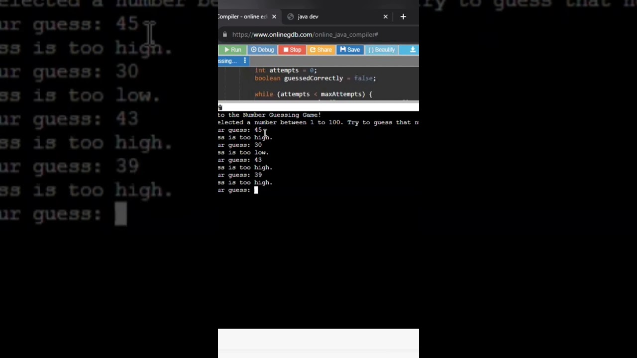 Task1 at codsoft|guessing the number|Java internship|#virtualinternship#codsoft#internship#shorts