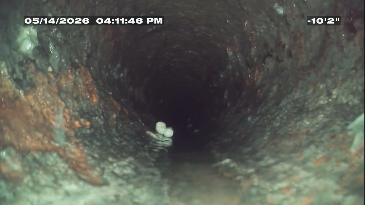 14091 Trinity Blvd—-Footage from the east bathrooms floor cleanout showing the offset