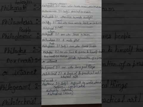 word root - Philo,Phil,phile which means love,like .......Hand written notes of English Vocabulary