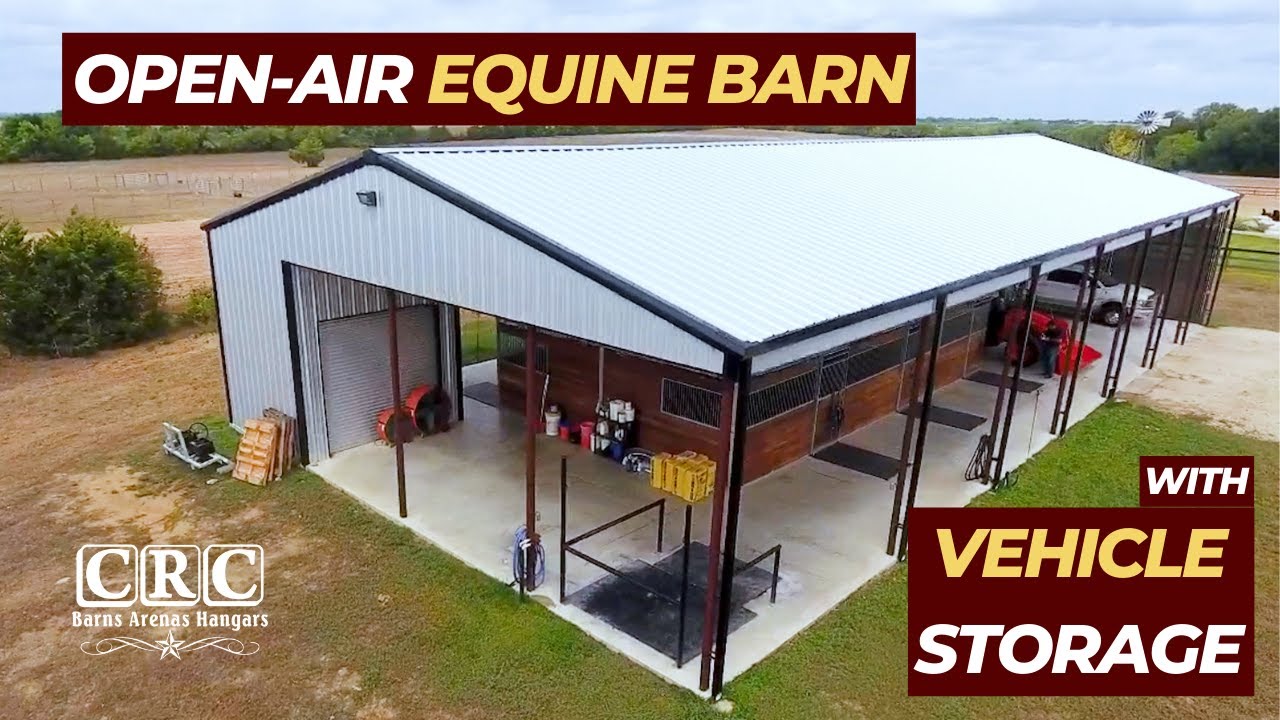 Spacious open-air equine barn with vehicle storage