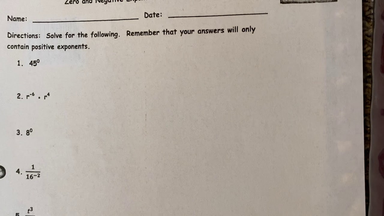 Zero and Negative Exponents Worksheet (E)
