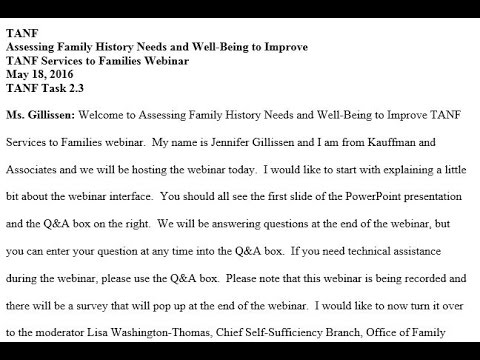 Assessing Family History, Needs, and Well-Being to Improve TANF Services to Families