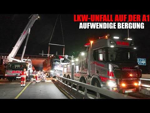 [SCHWIERIGE BERGUNG NACH LKW-UNFALL!] - Sattelzug fuhr auf A1 auf Leitplanke auf & verkeilte sich -