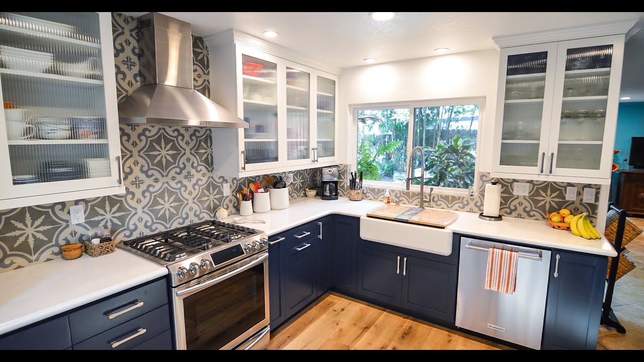Not a DIY! Kitchen Remodel #46 Navy Blue Cabinets and Glass Inserts.