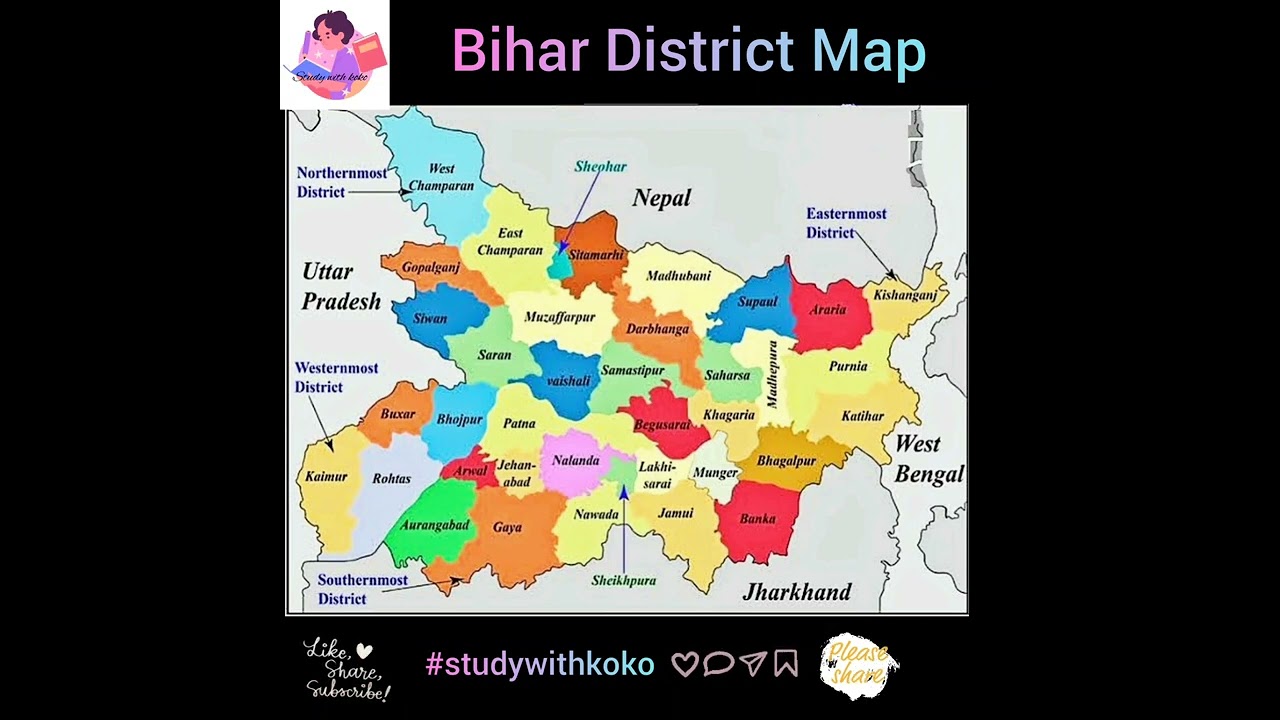 Bihar District Map#indiangeography#india#geography#map#bihar#bihari#upsc#opsc#shorts#studywithkoko