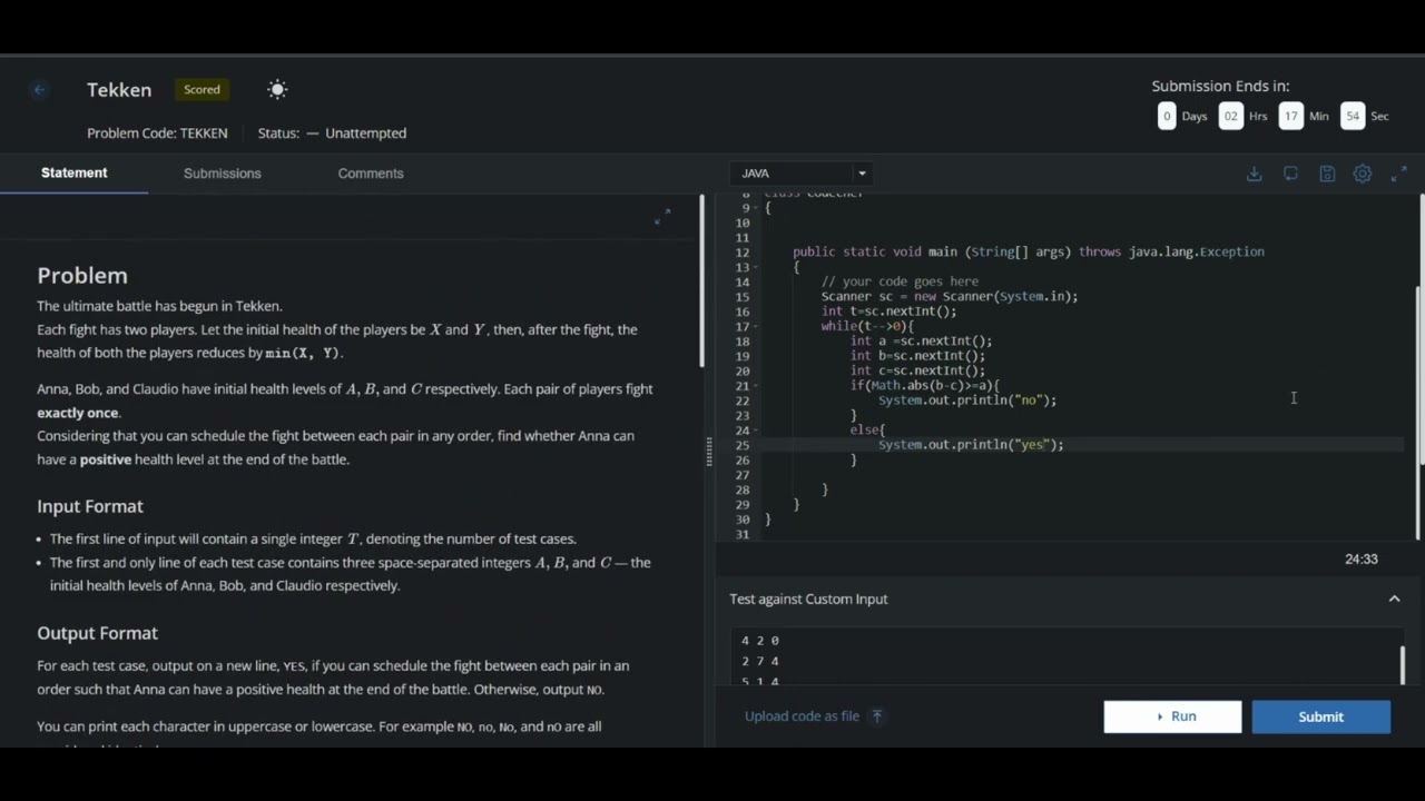 Tekken | Codechef contest | JAVA | CodeGood