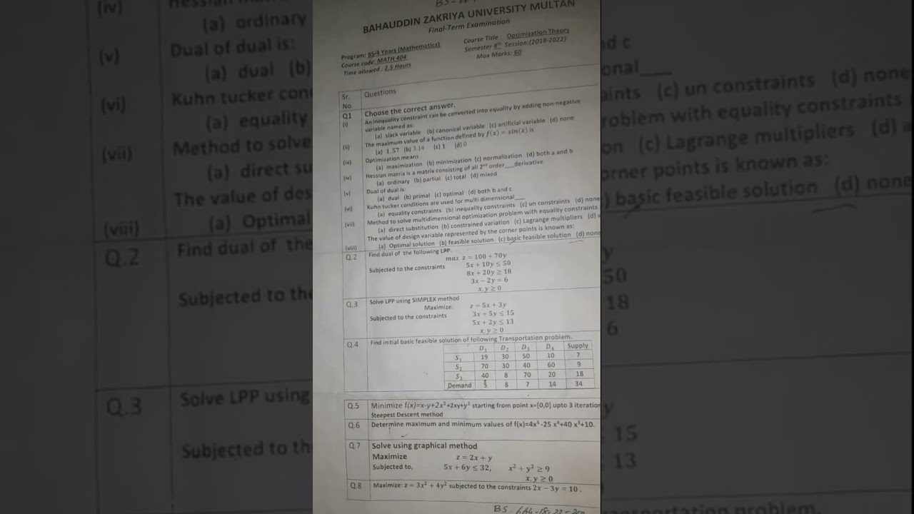 optimization theory past papers 2018_22 #shorts