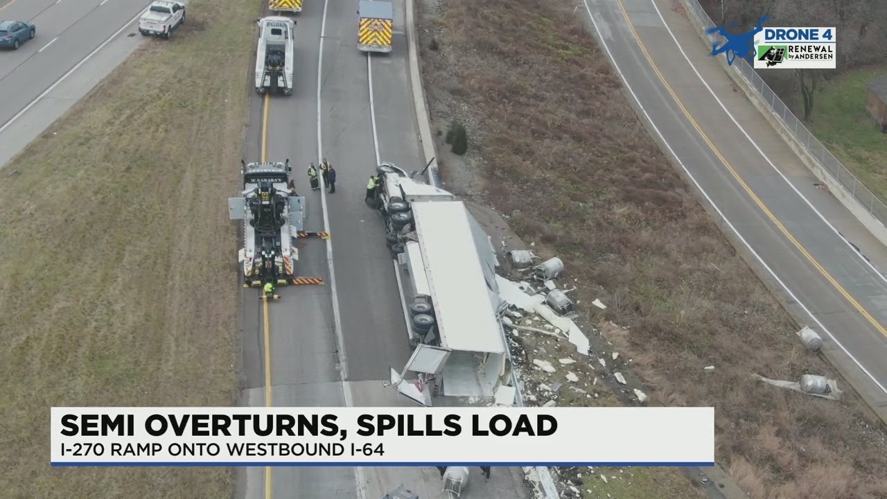 Overturned tractor trailer closes I-270 ramp to I-64 for hours