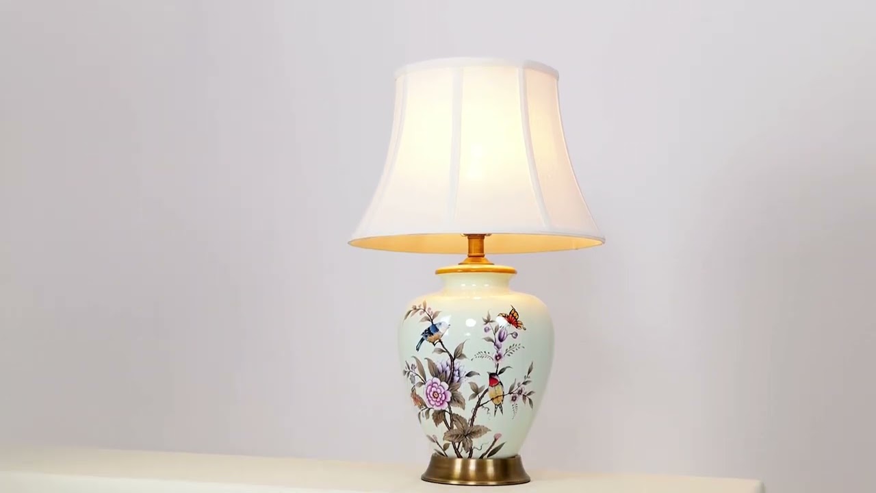 Hand-Painted  Vintage Ceramic Bird & Floral Table Lamp in Soft Celadon Green for Living Room