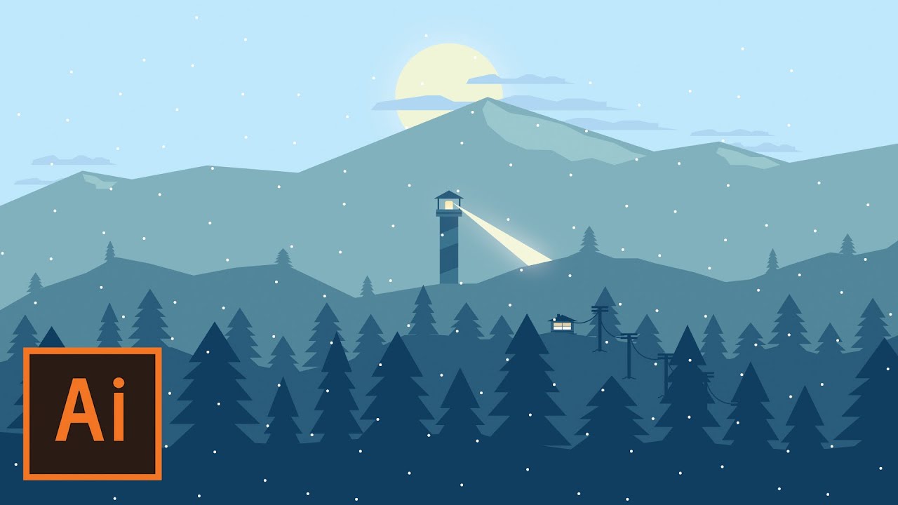 Illustrator Tutorial - Snowy Mountain Landscape (Flat Design)