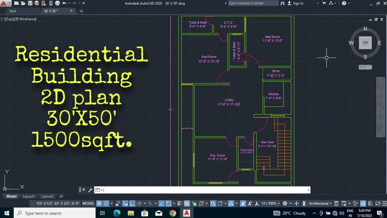 1500Sqft.(30'x50') Residential Building 2D Plan#Cad_Master449#autocad#autocad Drawing