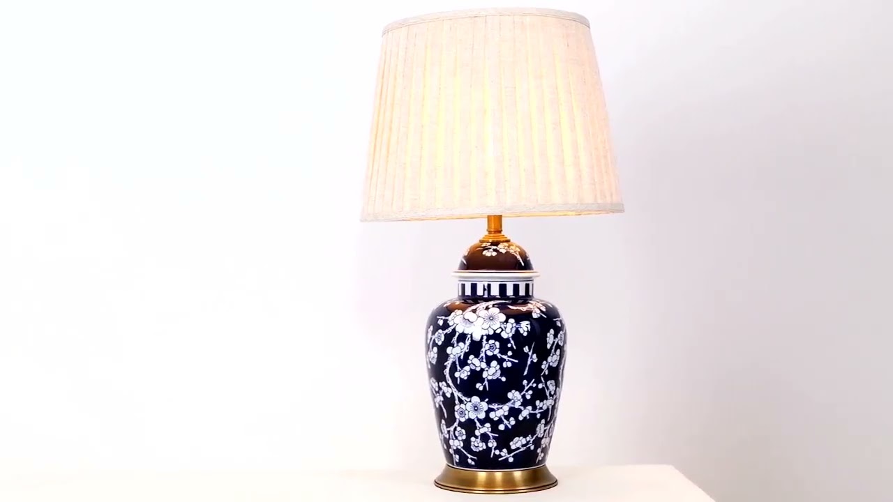 Vintage Floral Ceramic Table Lamp with Brass Base and Fabric Shade