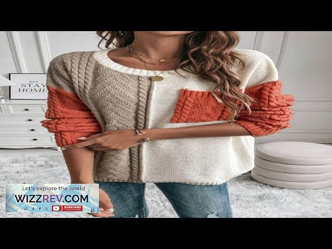 SHEIN LUNE Colorblock Drop Shoulder Pocket Patched Cable Knit Sweater Long Sleeve Tops Review