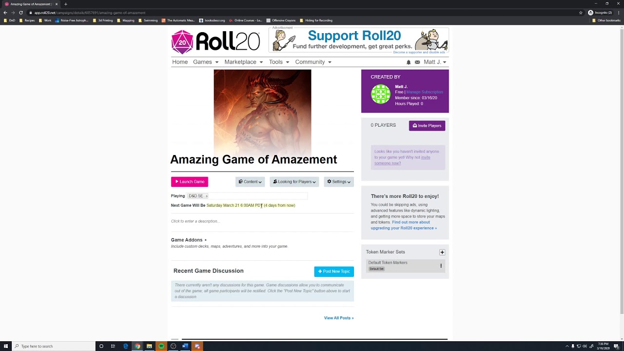 Roll20: Logging into your account and looking at settings for a game