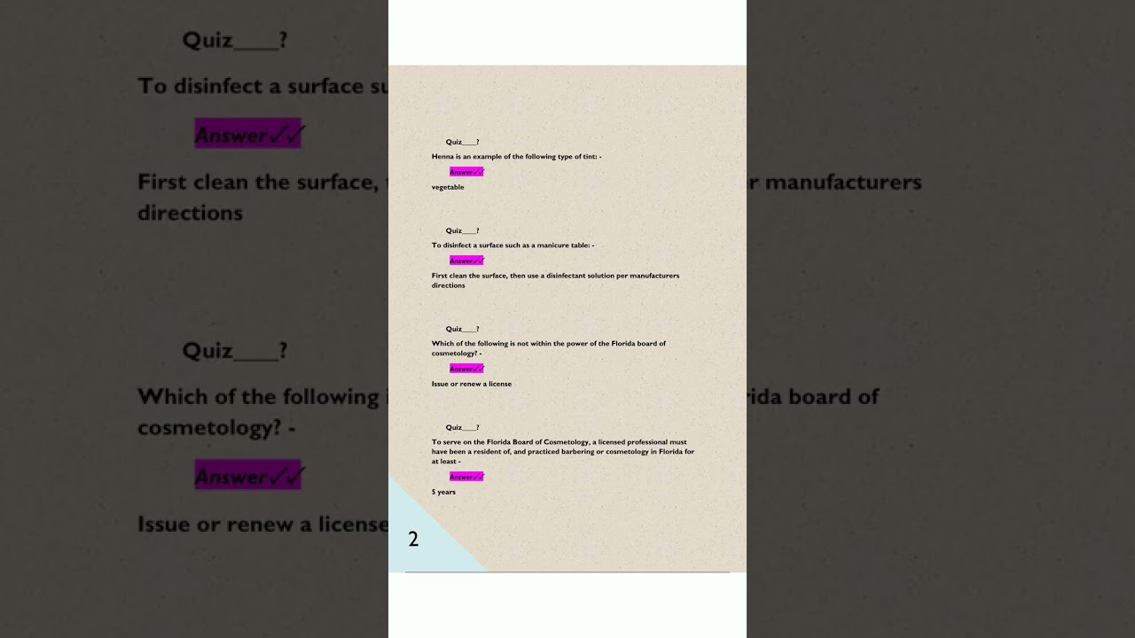 Florida cosmetology theory exam  Complete Questions  Correct Detailed Answers 100% Correct 2025 2026