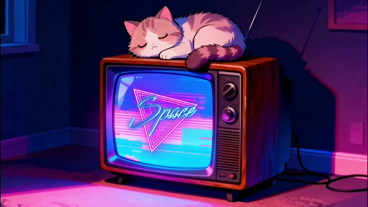 Lofi music & cozy cat background ♡ chill vaporwave beats, nighttime retro aesthetic room ambience