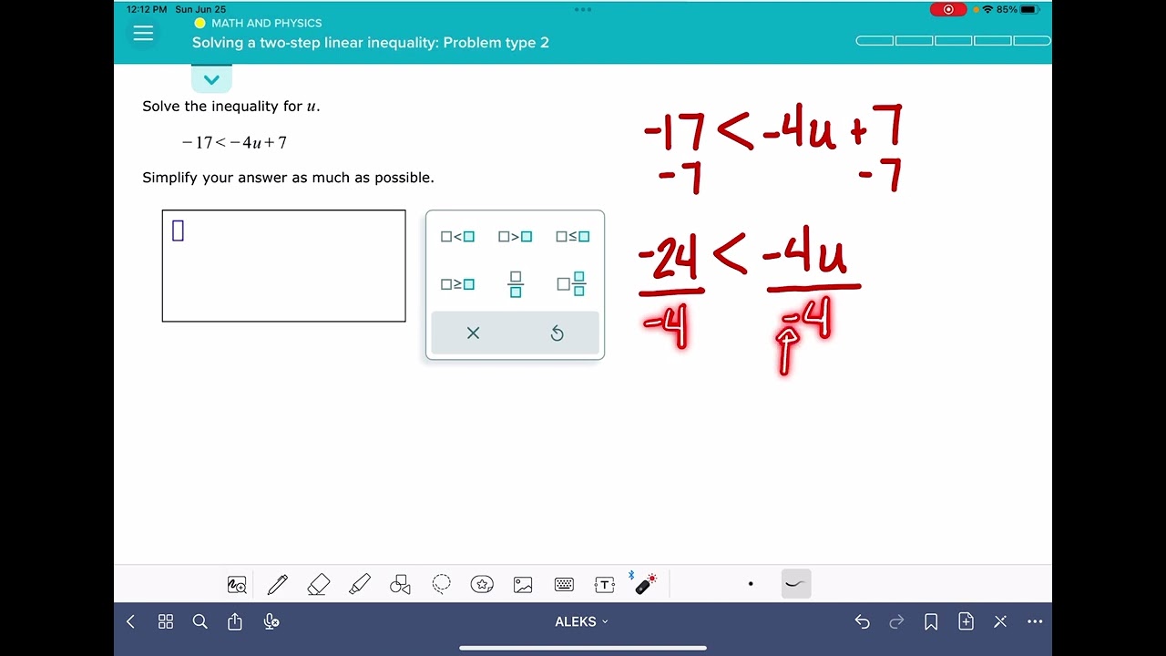 ALEKS: Solving a two-step linear inequality: Problem type 2