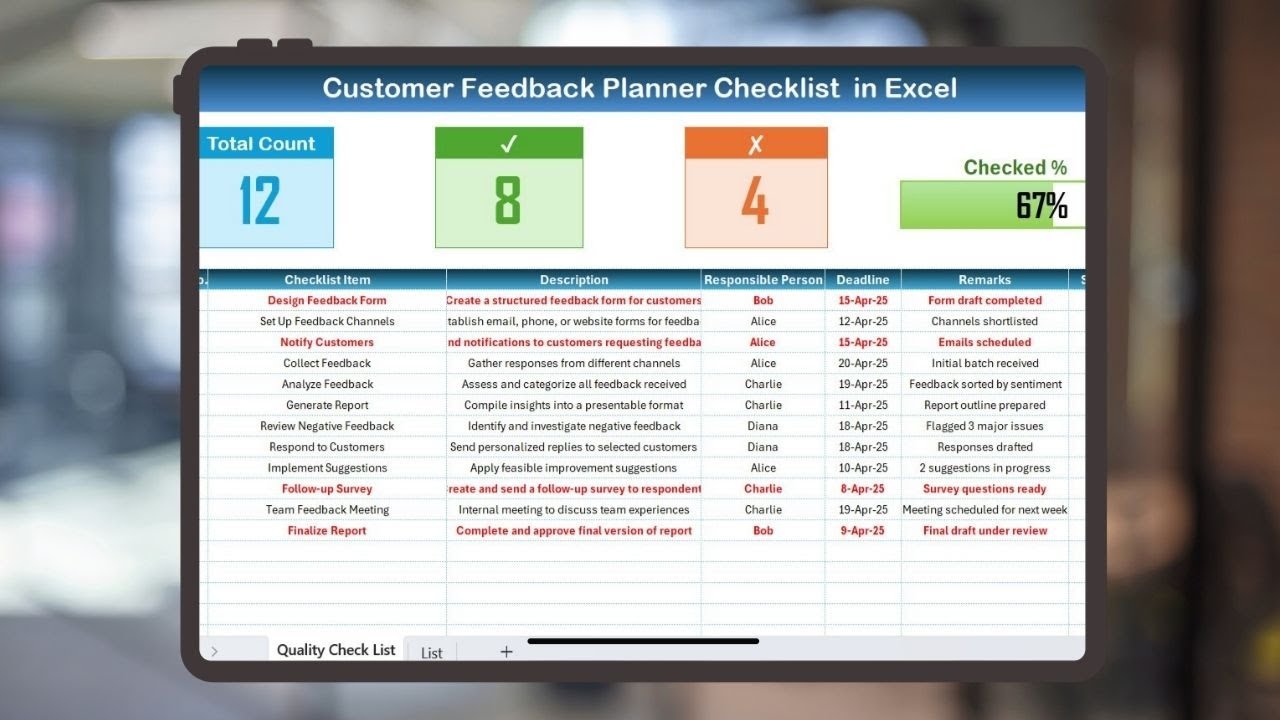 Customer Feedback Planner Checklist in Excel