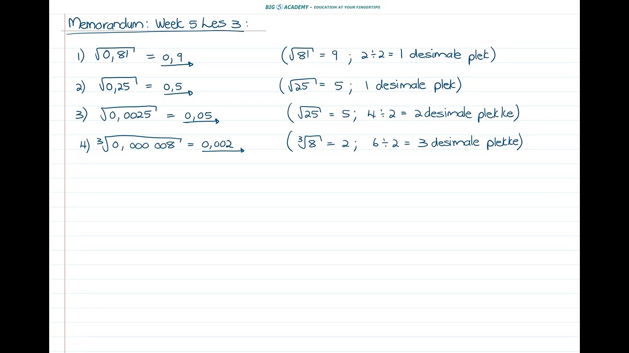 Graad 8 | Wiskunde | Kwartaal 1 | Afd. 5 | Les 5.1 - Huiswerk Memo - Vierkantswortels en Derdemagswo