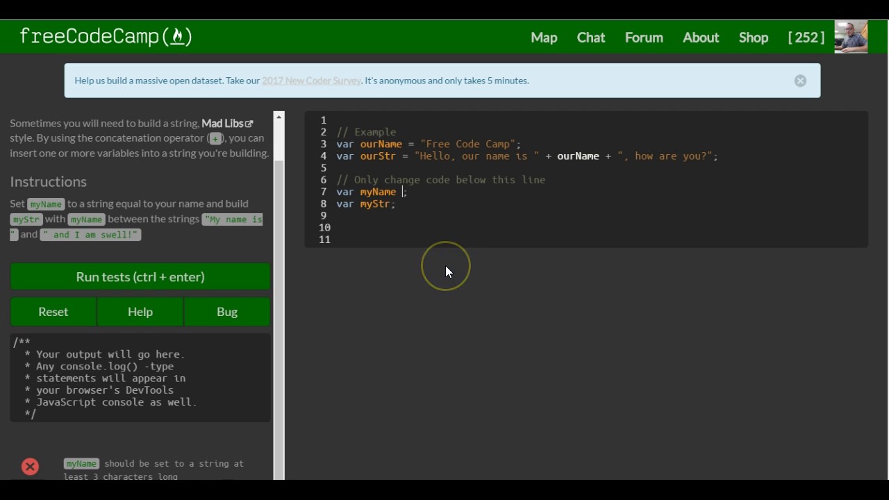 Constructing Strings with Variables, freeCodeCamp Basic Javascript