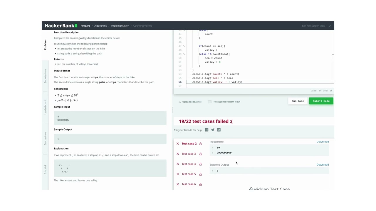 Hackerrank Algorithm Solution - Counting Valleys (Javascript)