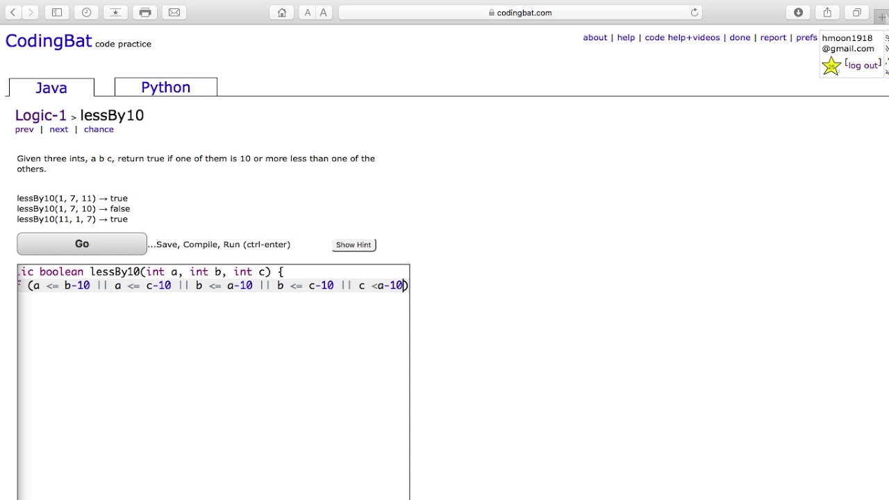 Logic 1 (lessBy10) Java Tutorial || codingbat com