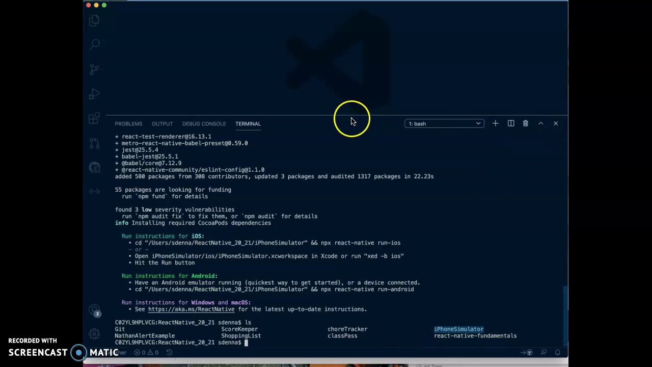M448: VS Code: create project, use CodeHS code, run on ios Emulator